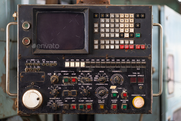 old lathe machine manual control panel with many button switch for metal CNC production data ...