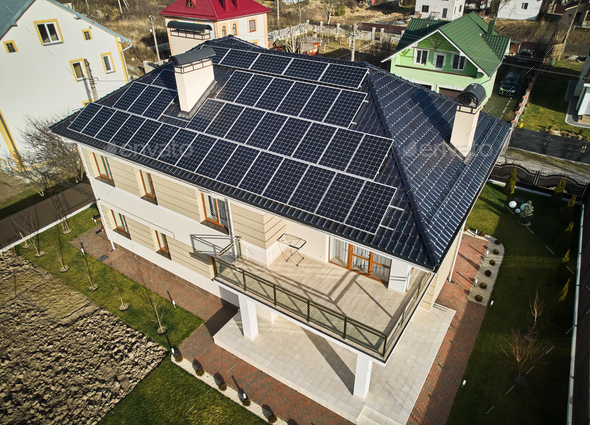 Modern residential house with solar electric system on rooftop. Stock ...