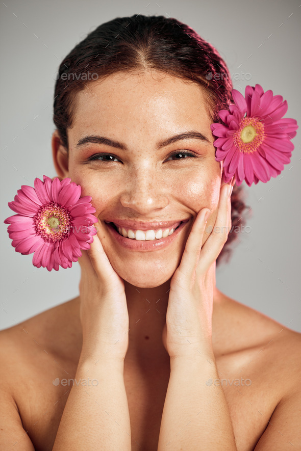Flowers, skincare and face portrait of a woman with natural beauty and ...