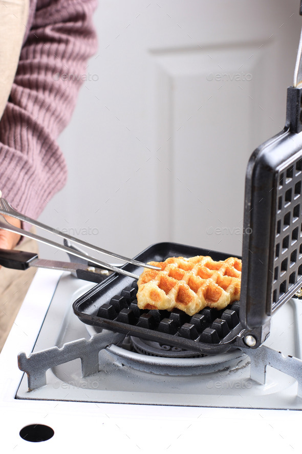 Chef Hand Take Croffle from Stove, Preparation Making Croissant Waffle ...