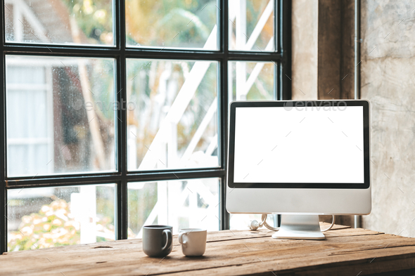 startup company desk, blank computer screen, empty office. Stock Photo ...