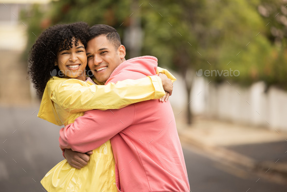 Happy black couple, hug and love portrait of people with care and ...