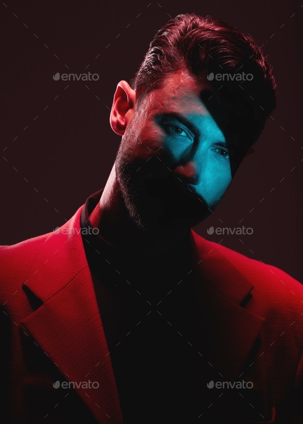 Art, neon light and reflection, portrait of man with eyes in lighting ...