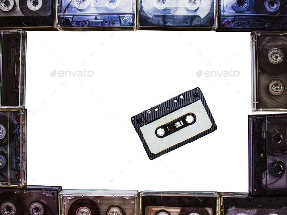 audio cassette on white background, around audio cassette frame, audio ...