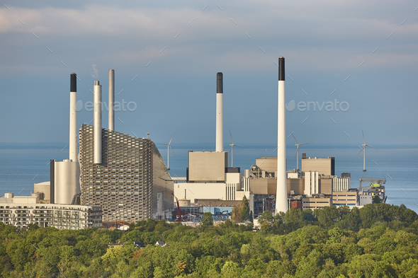 Sustainable power station electricity and heating. Windmill sea plant ...