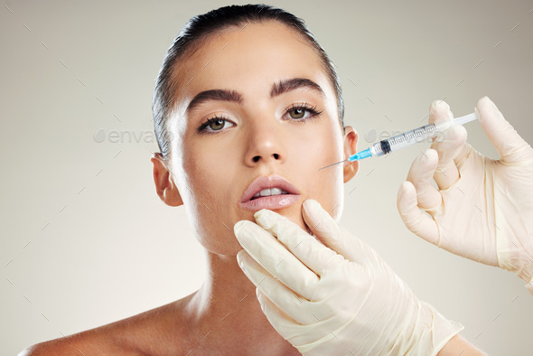 Skincare, collagen and portrait of woman with injection in lips from ...