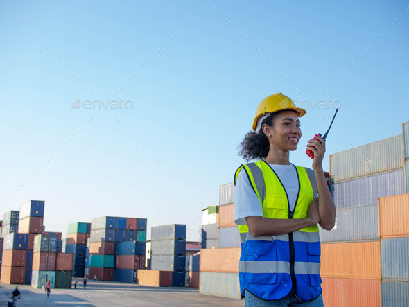 Female safety hardhat yellow helmet african america black skin person ...