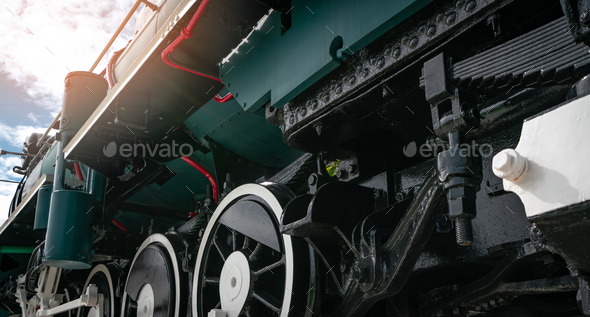 Closeup antique vintage train locomotive. Old steam engine locomotive ...