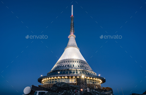 The summit of Jested with famous hotel and broadcast building. Stock ...