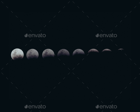 Closeup detailed shot of different phases of the moon in a dark night ...