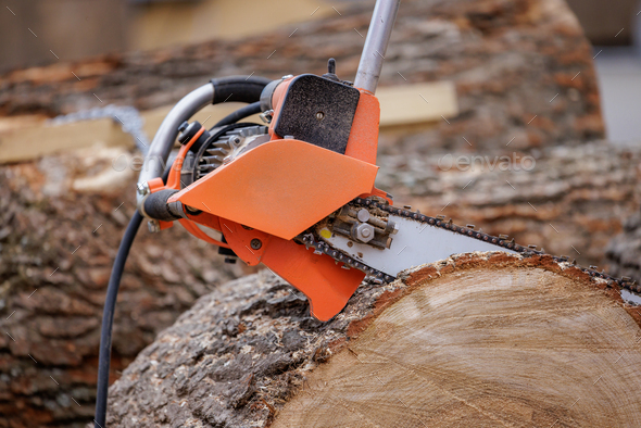 Woodcutter saws tree with electric chain saw on sawmill. Stock Photo by ...