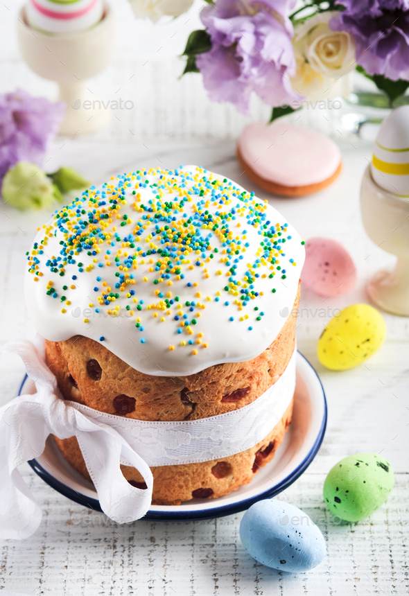 Traditional Easter sweet bread or cakes with white icing and sugar ...