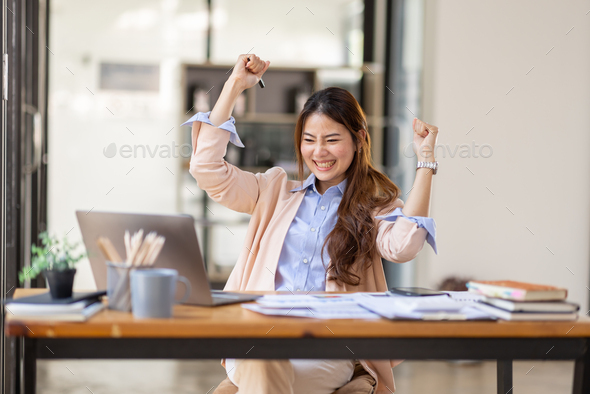 happy excited.Portrait of success business asian woman enjoy success ...