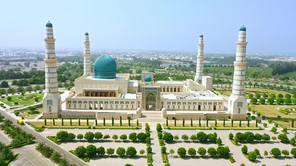 Aerial view of Sultan Qaboos Grand Mosque in Sohar, Oman, Stock Footage
