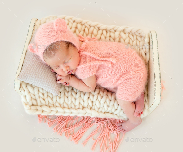 newborn baby girl sleeping in a little bed Stock Photo by tan4ikk | PhotoDune