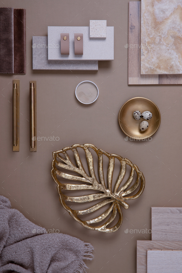 Creative flat lay composition with textile and paint samples, panels ...