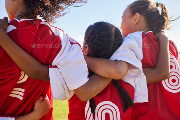 Girl, soccer team and back with huddle on field for match, contest or ...