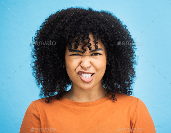 Portrait, emoji and woman with facial expression in studio for fun ...