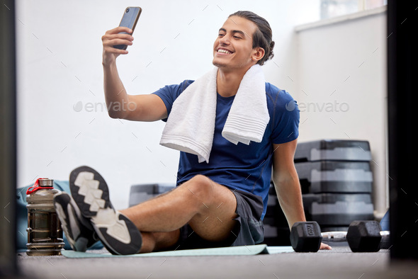 Fitness, happy man and selfie for social media or profile picture with ...