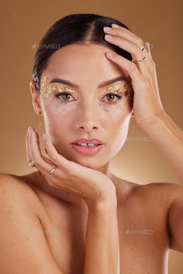 Cosmetics portrait, face glitter and woman with luxury gold eyeshadow ...