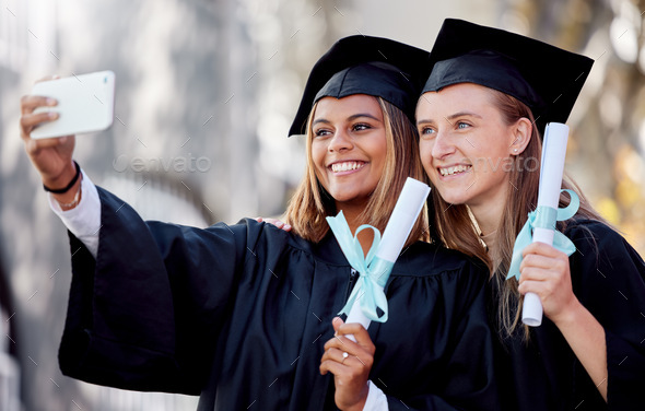 Woman students, graduation selfie and smile for education success, goal ...