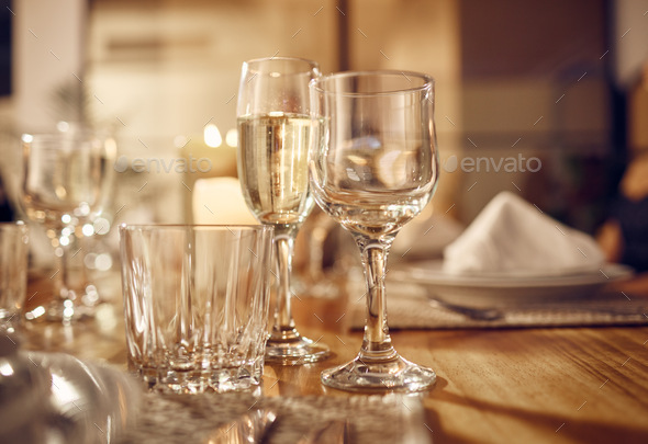 Drink, glass and dinner with party, celebration event with glassware ...