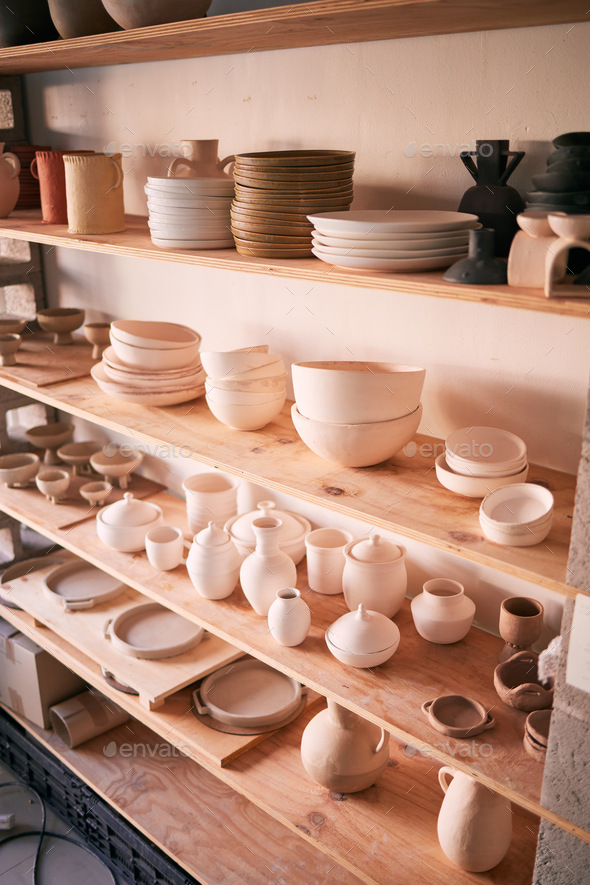 Pottery backgrounds, ceramics store and shelf in creative studio of ...