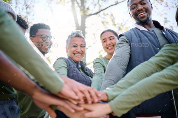 Teamwork, motivation and huddle with senior friends hiking together in ...