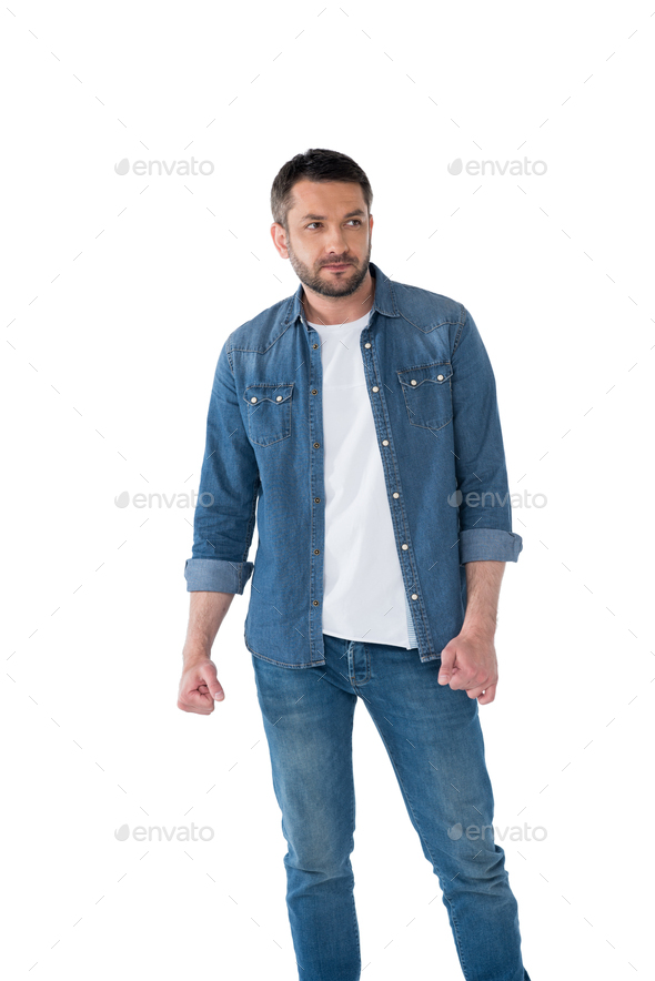 pensive man standing and looking away isolated on white Stock Photo by ...