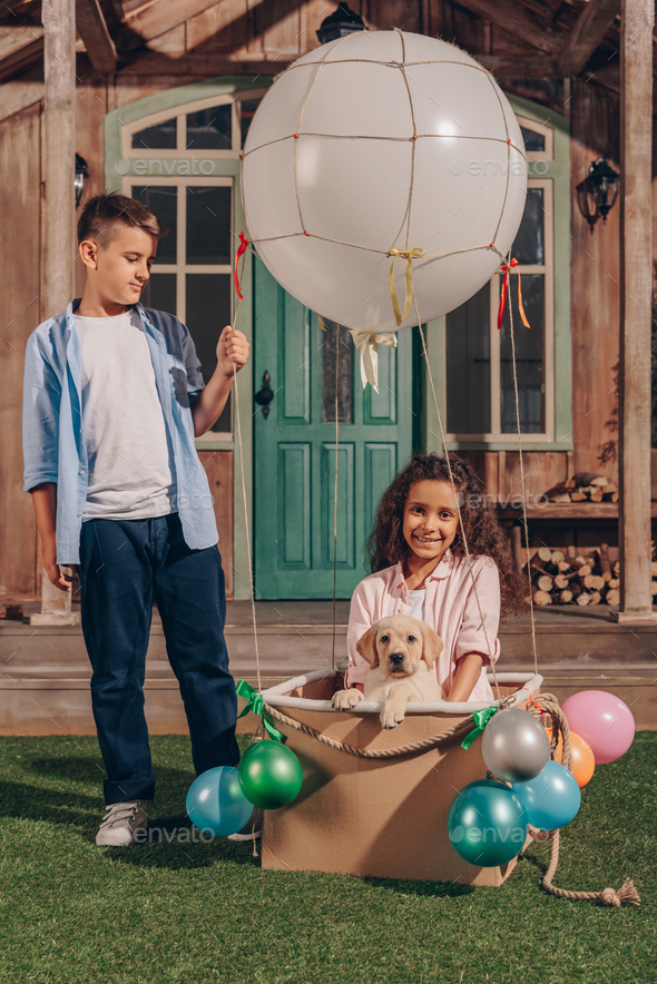 african american girl with labrador puppy sitting in air balloon box ...