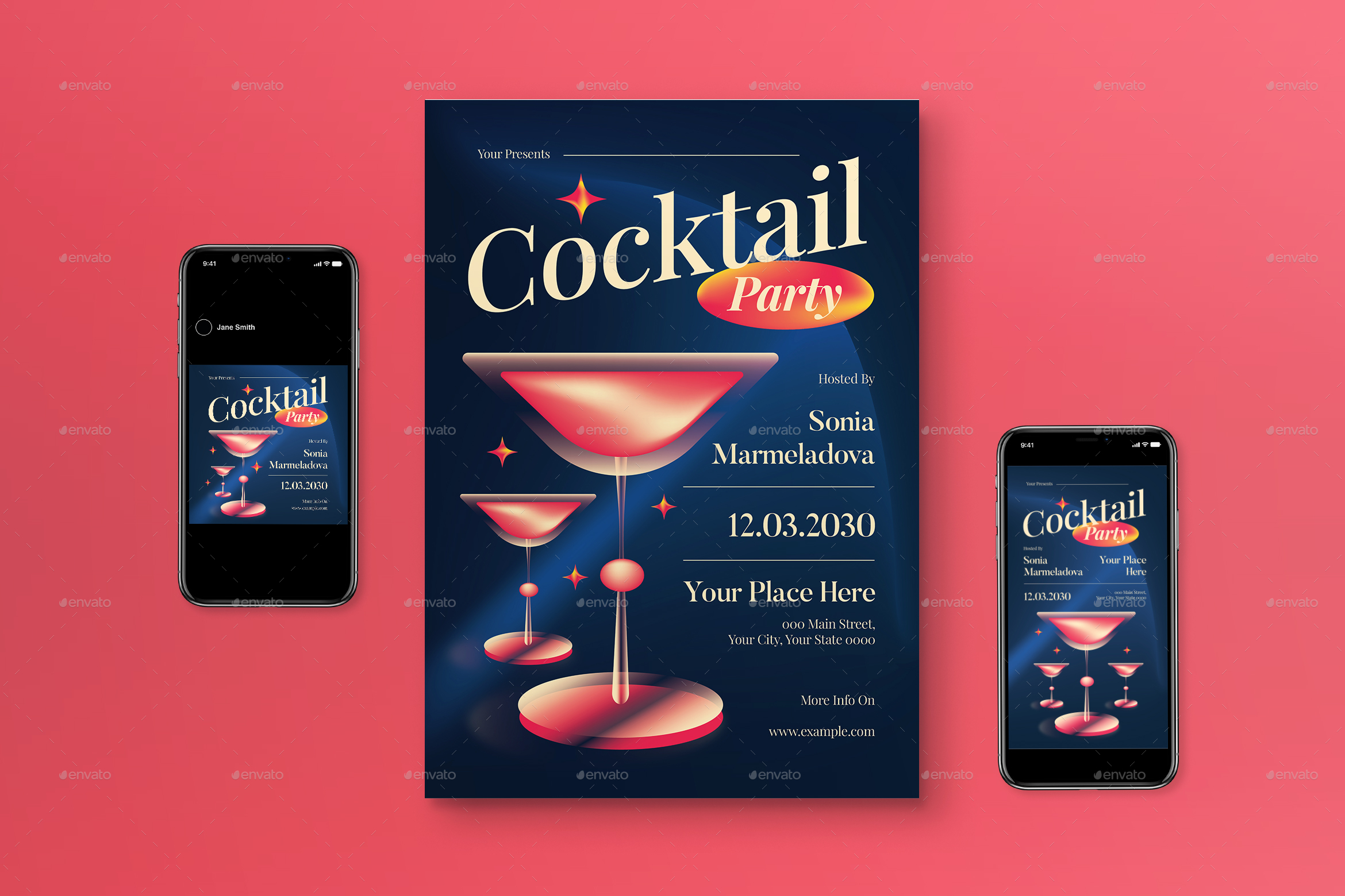 Blue Gradient Cocktail Party Flyer Set, Print Templates | GraphicRiver