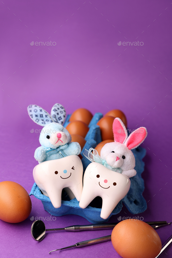 Happy easter.Stomatology concept.eggs, dentist tools and teeth ...