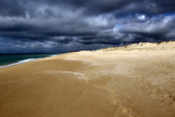 Sandy beach and navy blue ocean beneath the dark cloudy sky Stock Photo ...