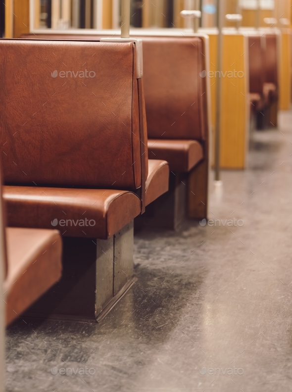 Interior old vintage subway trains in Munich Stock Photo by wirestock