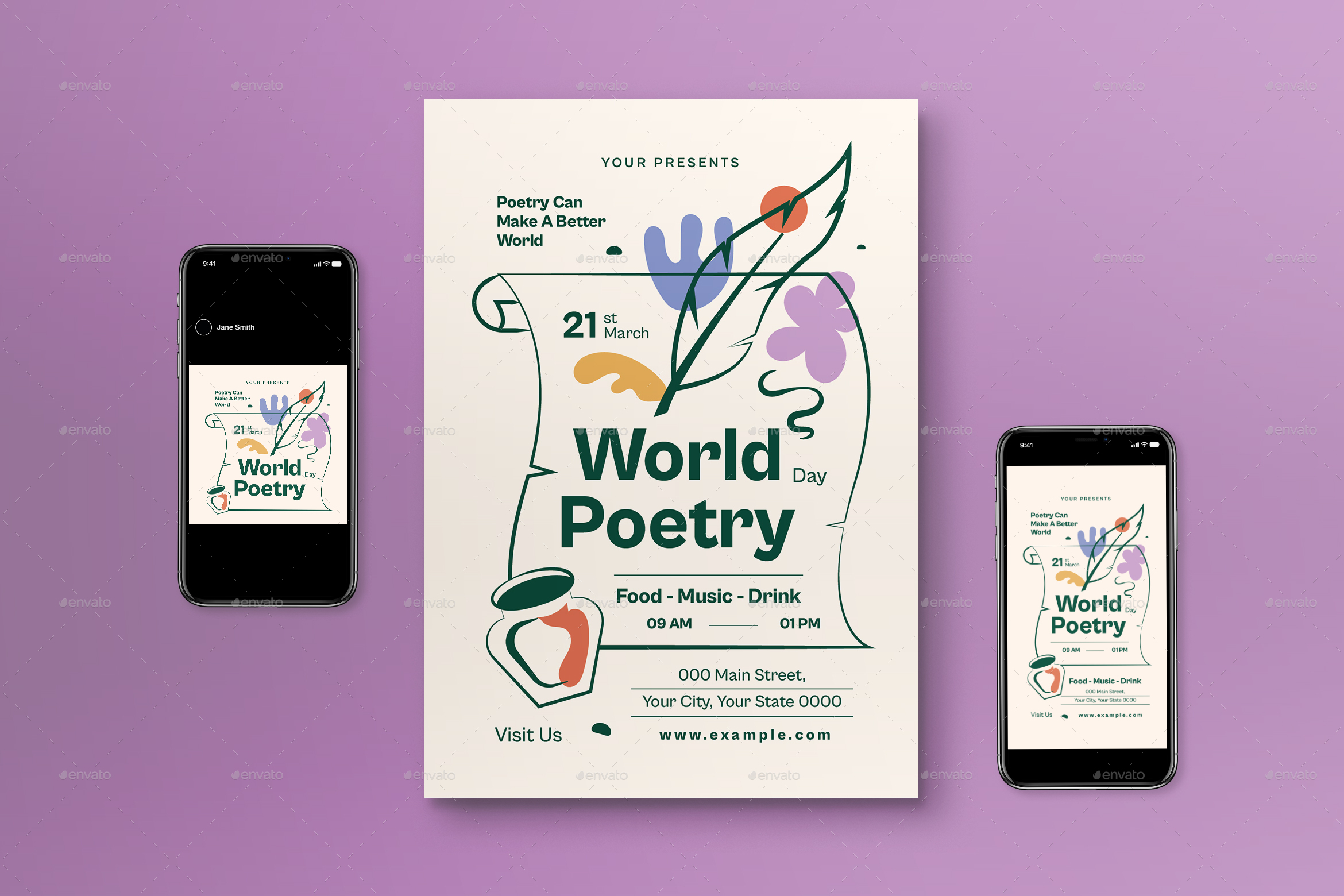Boho Hand Drawn World Poetry Day Flyer Set, Print Templates | GraphicRiver