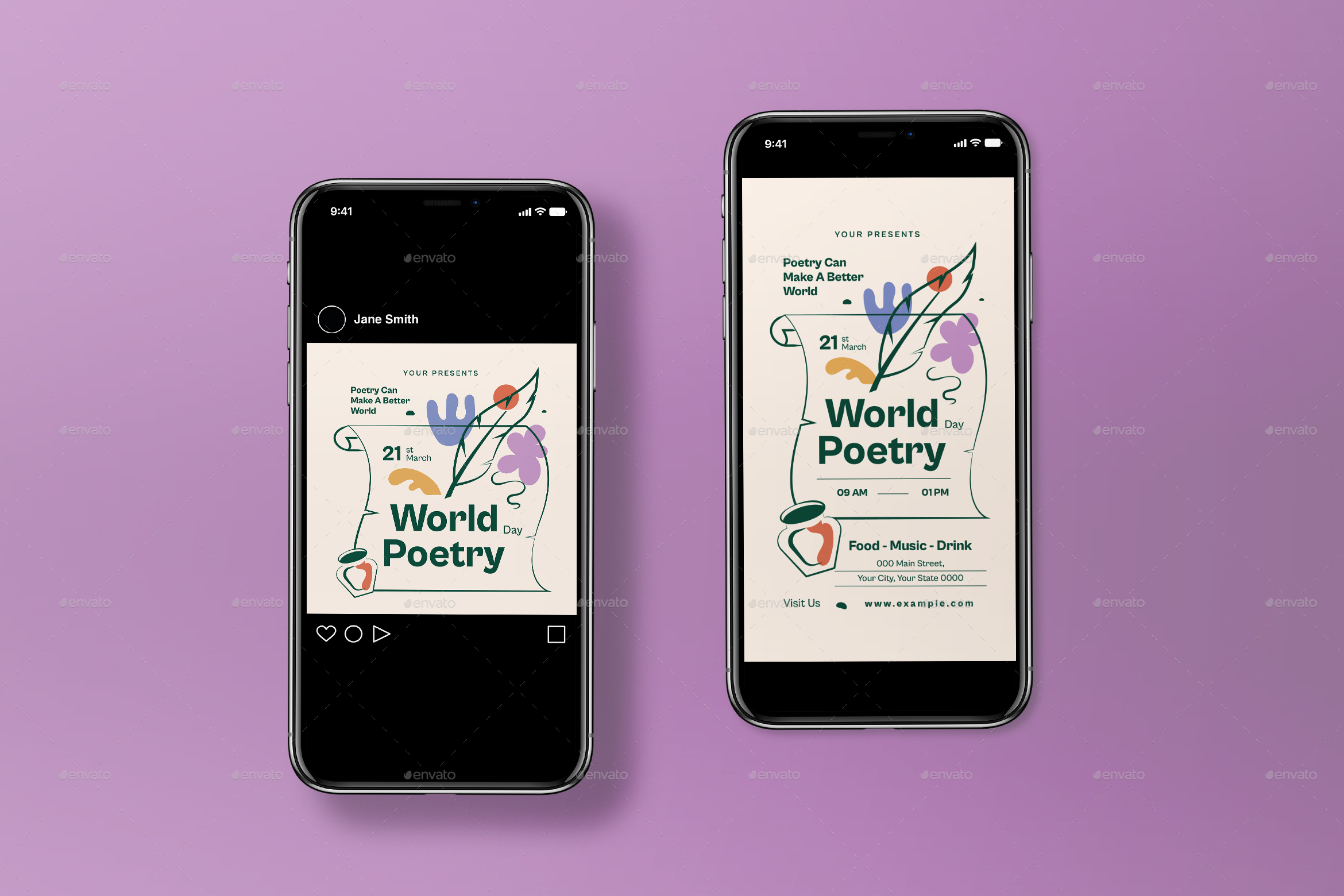 Boho Hand Drawn World Poetry Day Flyer Set, Print Templates | GraphicRiver