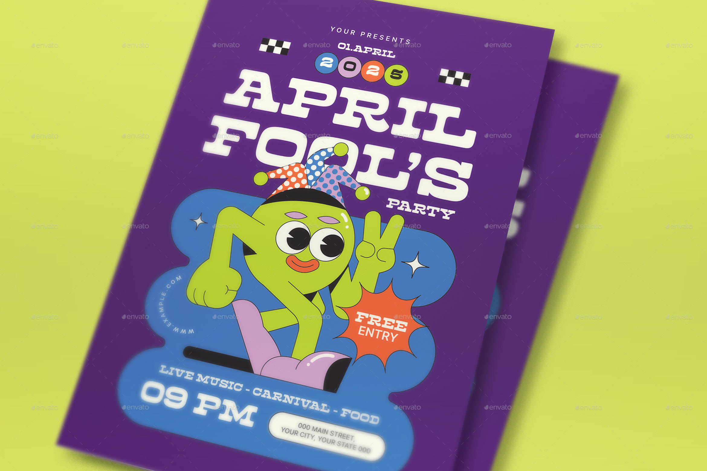 Purple Cartoon April Fools Party Flyer Set, Print Templates | GraphicRiver