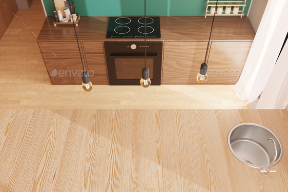 3D render interior kitchen, wooden cabinets, dining table, decorations ...