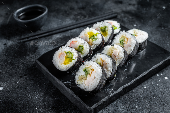 Korean rice roll Kimbap or gimbap, Korean sushi. Black background. Top ...