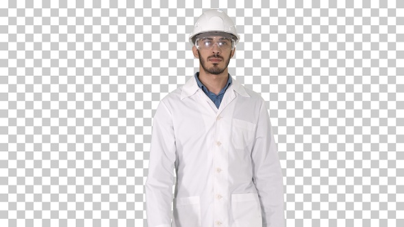 Science engineer walking in safety helmet and glasses Alpha, Stock Footage