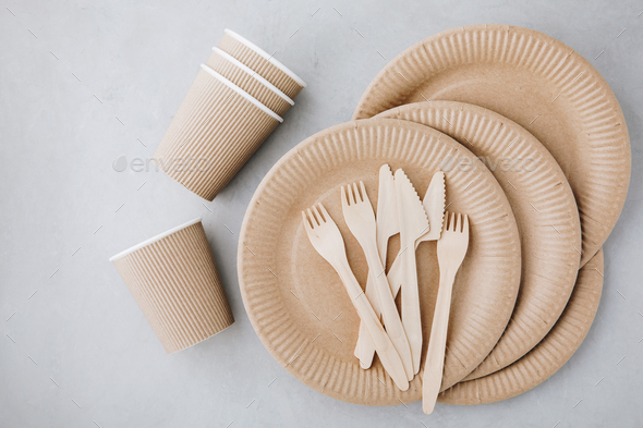 Disposable paper tableware (paper cups, plates, wooden forks, knives ...