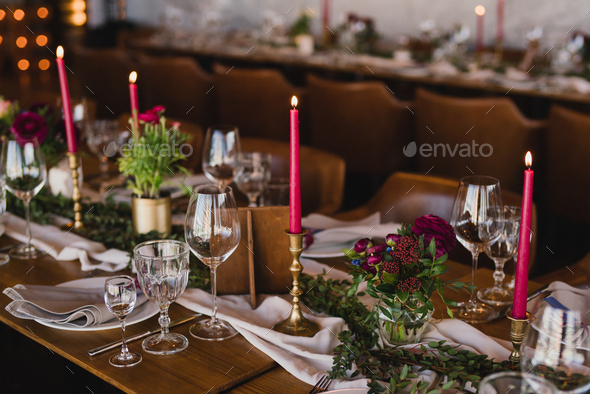 Coziness and style. Modern event design. Table setting at wedding ...