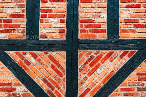 Half-timbered old house wall, brick wall pattern with timber framework ...