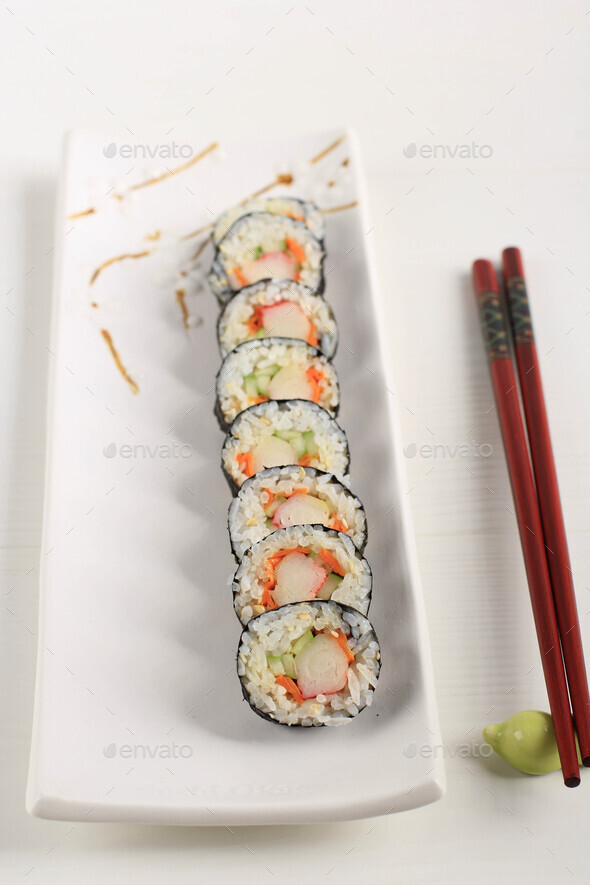 Homemade Korean Rice Roll or Kimbap with Vegetbale and Crabstick Stock ...