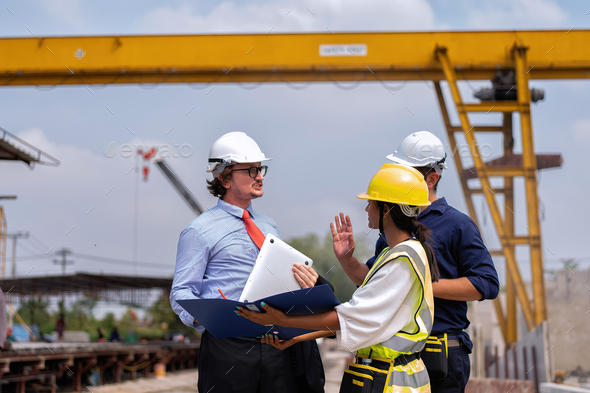 Site manager walk down with engineer to check precast ready made ...