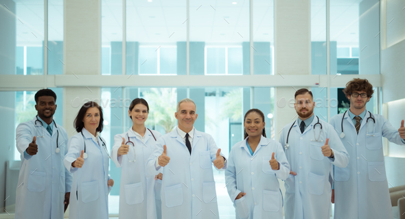 Portrait of Doctors and medical students with various gestures to ...