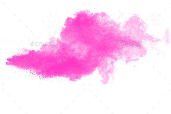 Explosion of pink colored powder isolated on white background.Pink dust ...