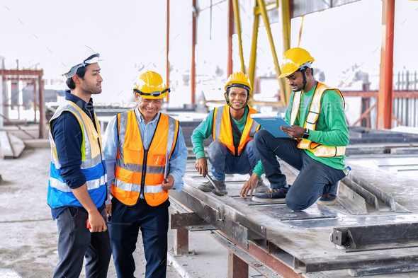 At building construction site engineer check quality precast concrete ...