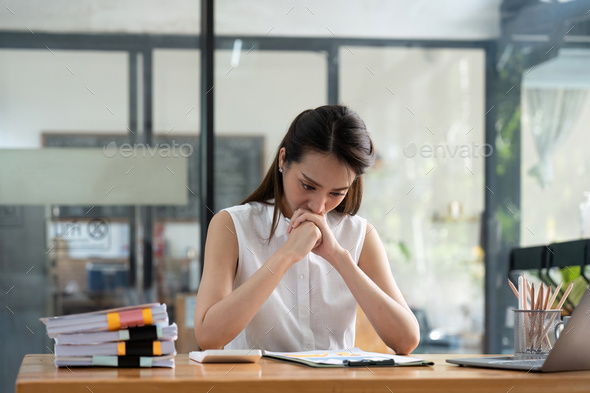 Headache, business woman working on computer stress while working for a ...