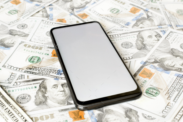 Smartphone mockup and money, mobile phone with white display, blank ...